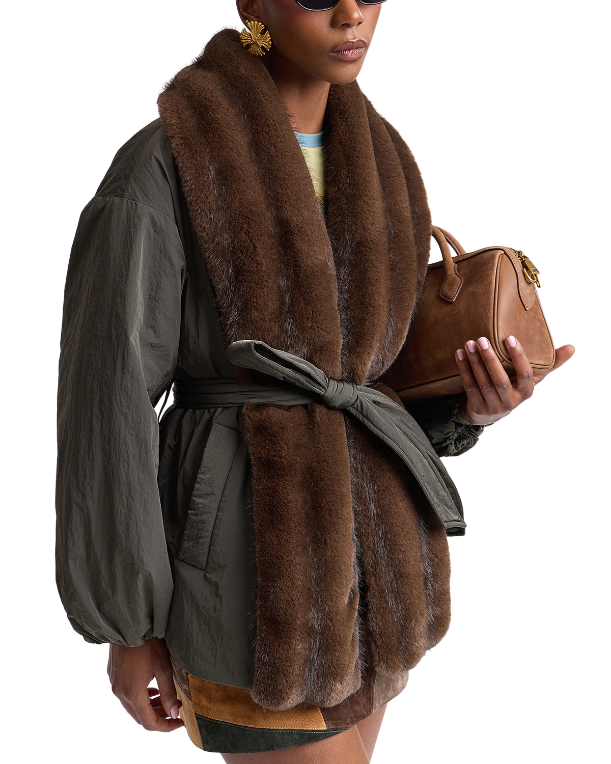 AVEC LES FILLES Faux Fur Trim Belted Coat